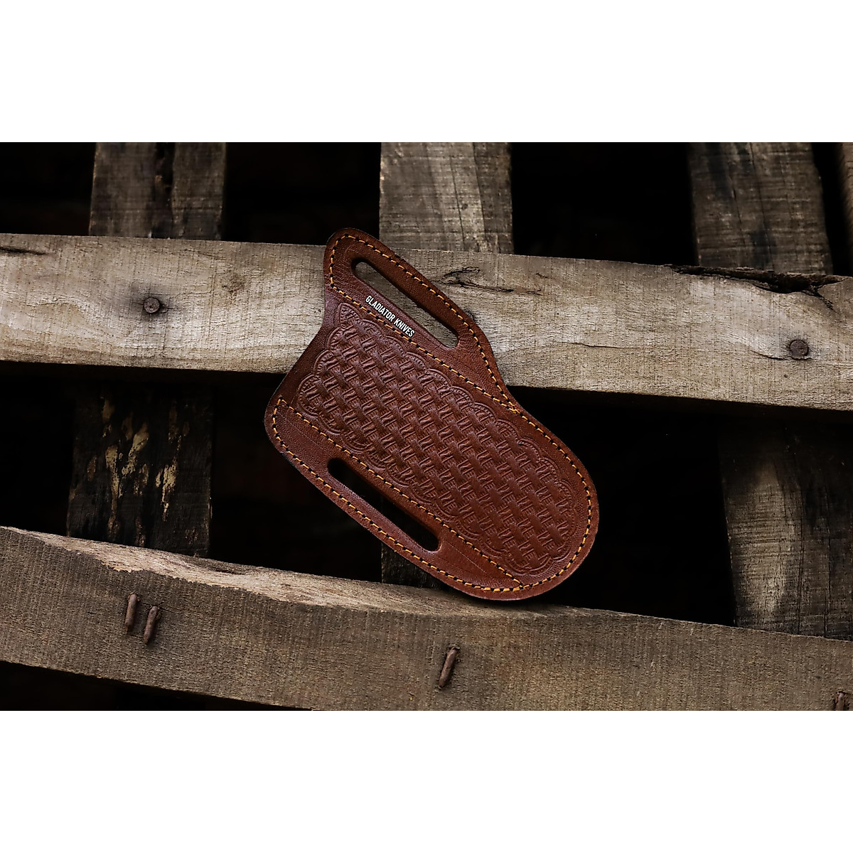 GLADIATOR KNIVES Leather Knife Sheath for Belt, Slanted Pancake Style, Tooled Leather, Cowboy Bull Cutter Cover, Cross Draw, 100% Real Leather (BROWN)