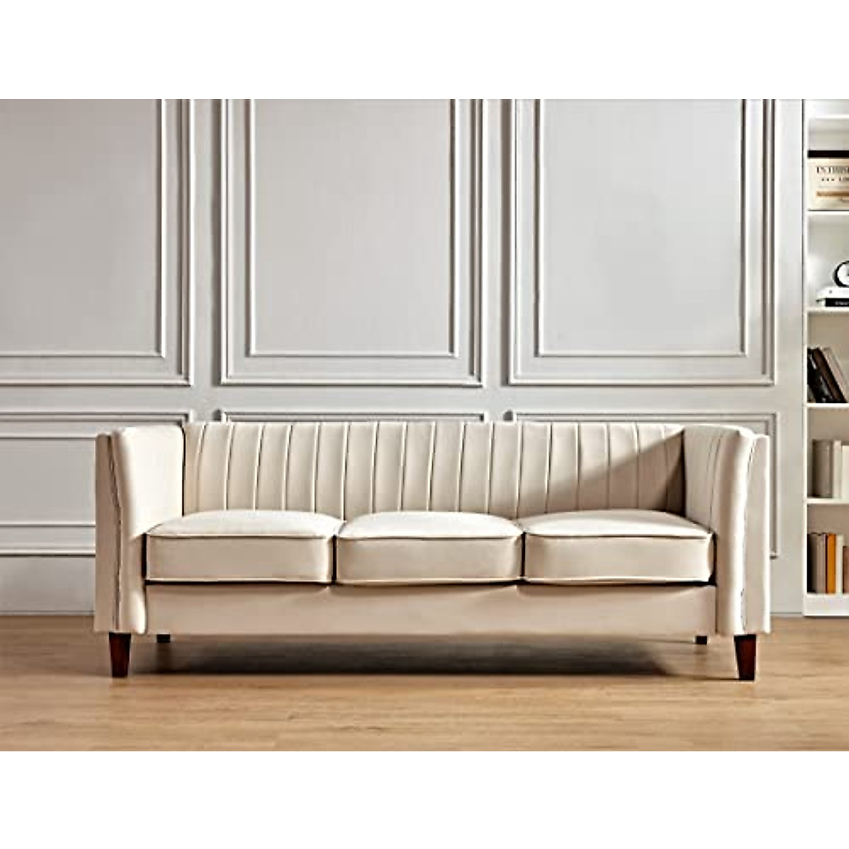 Container Furniture Direct Modern Luxury Velvet Couch for Living Room with High Density Foam, Soft Fabric Upholstery, Removable Cushions and Solid Wood Legs, 83'' Wide 3 Seater Sofa, Beige