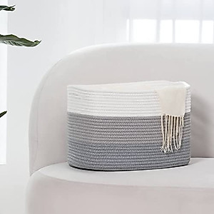 Goodpick Woven Rope Storage Basket, Soft Baby Nursery Storage Basket for Books, Toys, Towels, Magazines, Rectangle Shelf Basket for Bedroom, Closet, Living Room, 15 x 10 x 9 inches, Grey