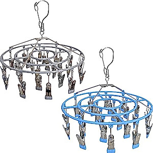 Funamily 2 Pack Underwear Drying Rack, Laundry Hanger for Sock with 48 Clips,Round Heavy Duty Stainless Steel Socks Dryer Hanger for Hanging Herbs. (Blue/Grey)