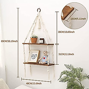 2 Tier Macrame Boho Wall Hanging Shelf, Handmade Bohemian Wooden Woven Plants Floating Shelves Decor, Decorative Chic Rope Crystal Holder Organizer for Bathroom Bedroom Kitchen Home Nursery Storage