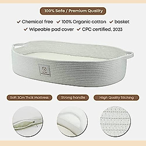 Baby Changing Basket with Thick Mattress Waterproof & Portable. 100% Cotton Rope Baby Basket, Gift & Diaper Organizer for Newborns, Nursery Decor Changing Table Topper for Dresser.