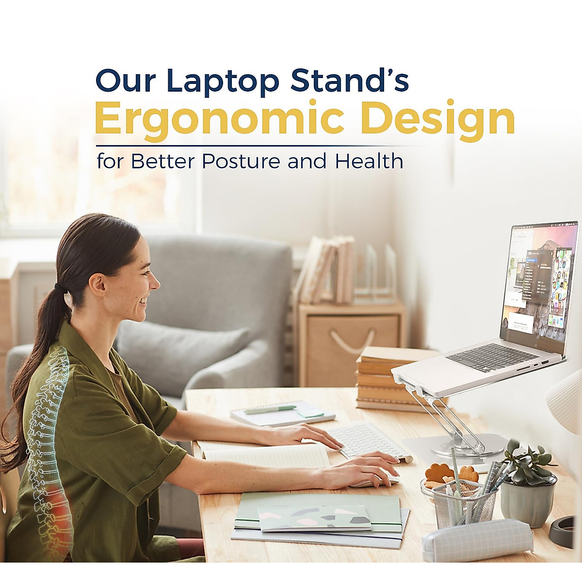 TechSync 360° Rotating Portable Laptop Stand for Desk, Aluminum Ergonomic Laptop Riser Adjustable height for MacBook & laptop up to 16" & Holds weight upto 22 lb, Swivel Laptop Holder Stand - Silver