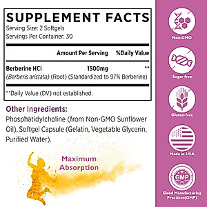 Berberine HCL Supplement 1500mg - High Bioavailability Liposomal Berberine Capsules for Women and Men, AMPK Activator