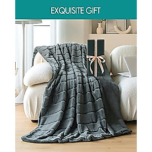 Faux Fur Throw Blanket 60x80 Inches, Fuzzy Fluffy Super Soft Striped Rabbit Fur Luxury Throw Blanket, Reversible Soft Plush Cozy Furry Blanket, Comfy Shag Thick Blankets, Durable & Washable, Grey