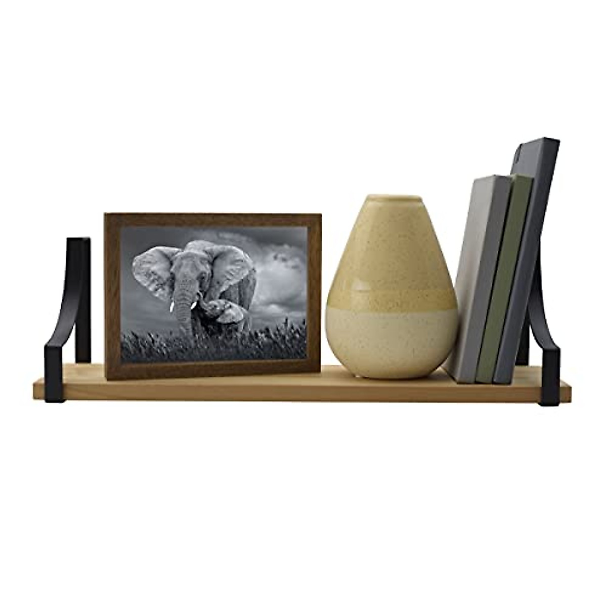 MELANNCO Floating Wall, Wood and Curve Metal Shelves, for Bedroom, Living Room, Kitchen, Nursery, Set of 3, Natural