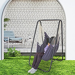 YUCAN Hammock Chair Stand with Hanging Swing Chair Included,Weather Resistant and Saving Space Stand Max 450 Lbs, Quality Cotton Weave Wrap Whole,Suitable for Indoor Outdoor Patio Yard（Grey） Patented