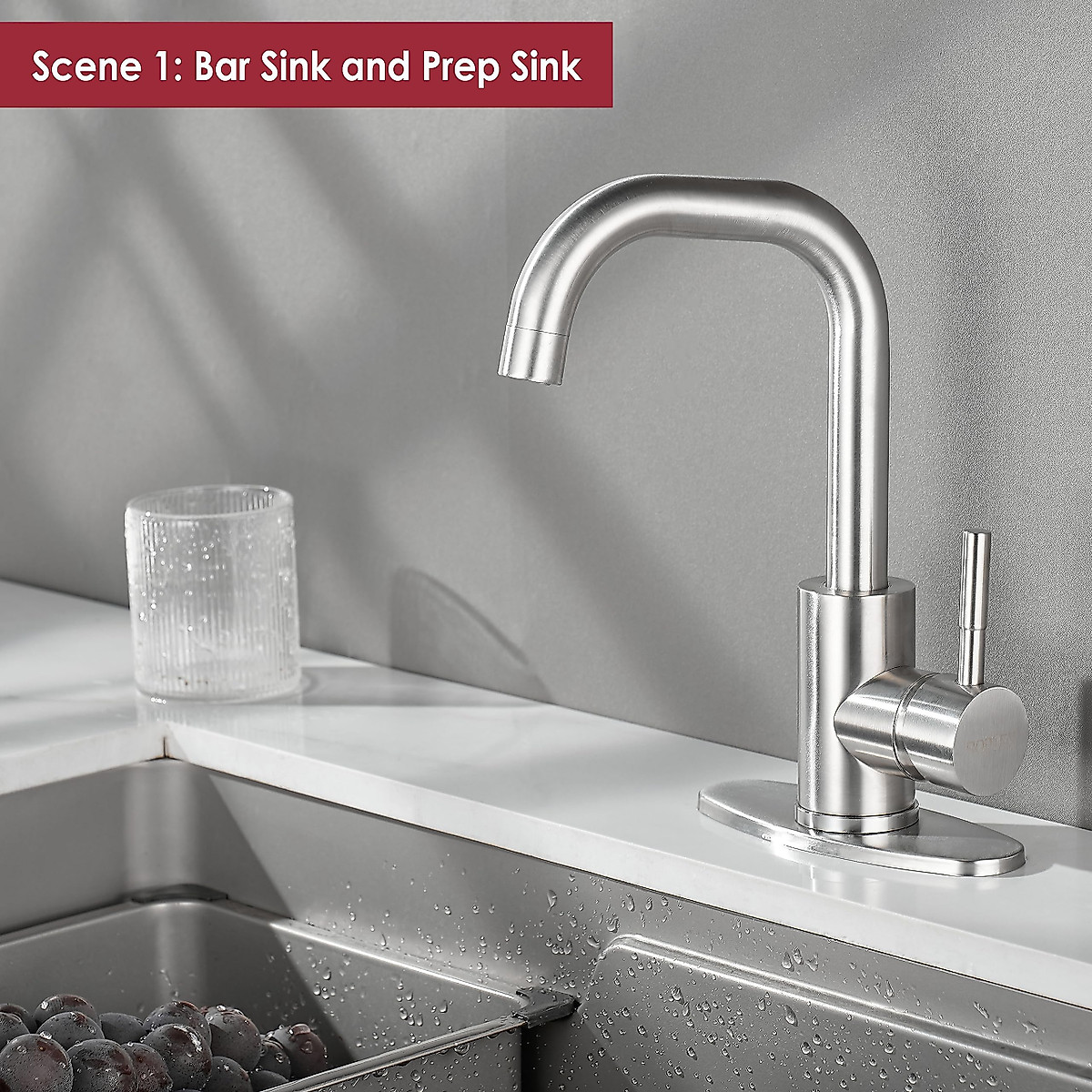 RODDEX Square Bar Sink Faucet, Single Handle Bar Mixer with 3 Hole Deck Plate, Utility Stainless Steel Cheese Faucets for rv Camper Laundry Outdoor Farmhouse Kitchen Sink (Brushed Nickel, Small)