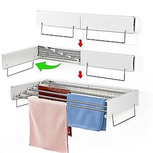 Heshecein Clothes Drying Rack for Laundry,Wall Mounted Collapsible Laundry Drying Rack,5 Stainless Steel Rods,Folding Indoor/Outdoor Drying Rack Clothing,Towel Drying Rack,White,31.5" Wide