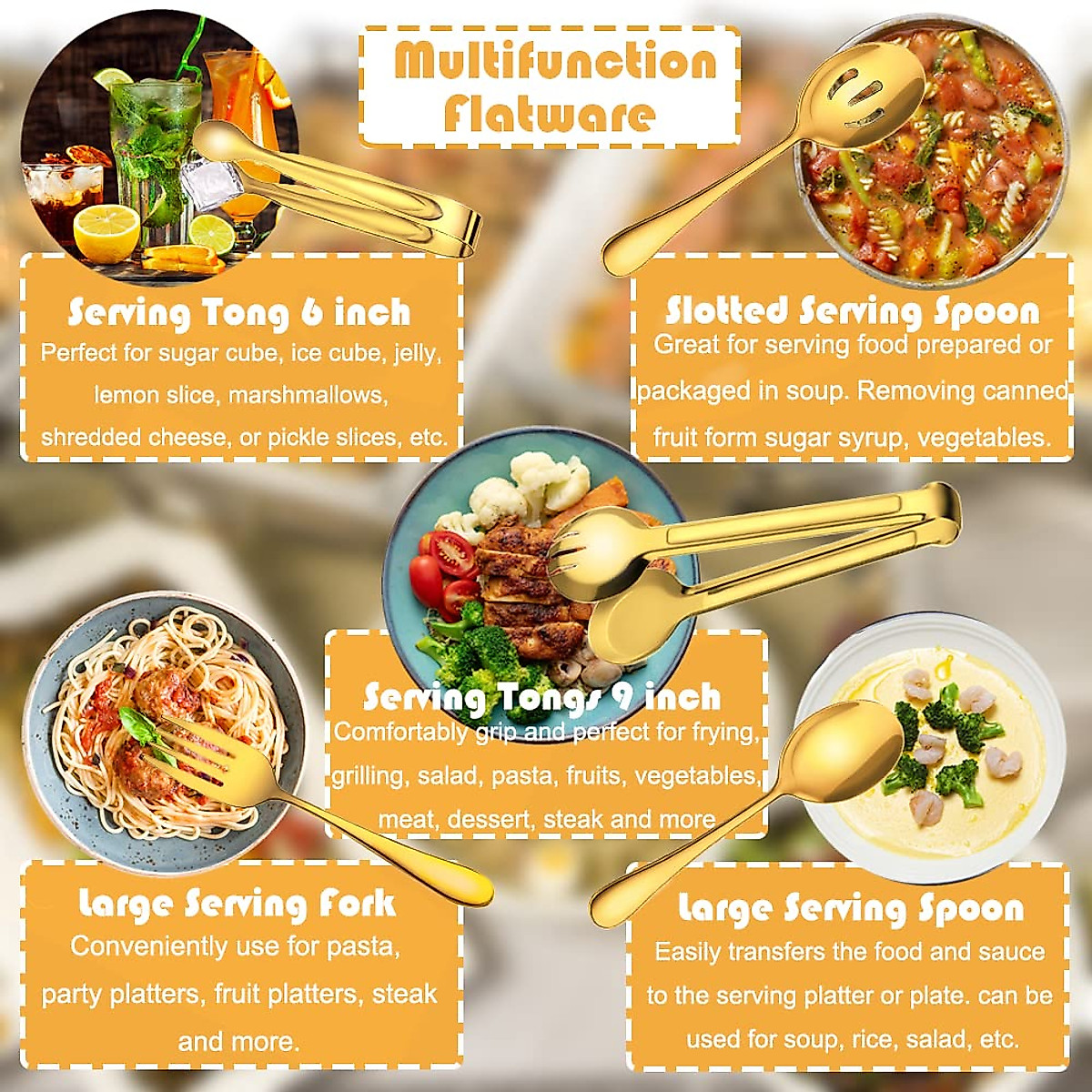 IAXSEE 10 PCS Stainless Steel Serving Utensils, Large Serving Spoons Slotted Spoons, Serving Forks, Serving Tongs, Ice Suger Tongs, Metal Utensils Set Great for Buffet Catering Banquet Party (Gold)