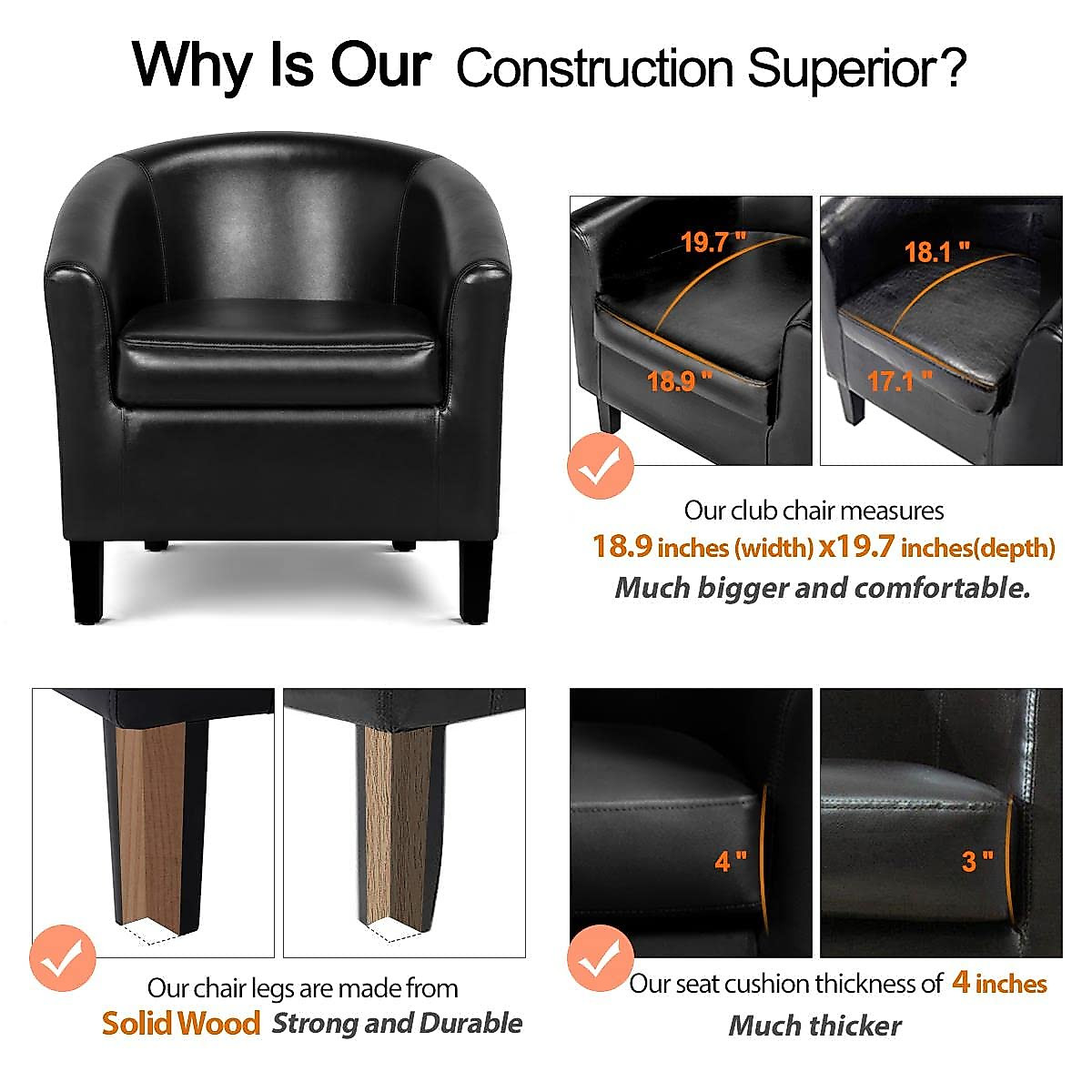 Yaheetech Barrel Chairs Set of 2, Faux Leather Club Chairs, PU Leather Accent Chairs, Waiting Room Chair with Soft Padded Seat for Living Room Bedroom Reading Room, Black