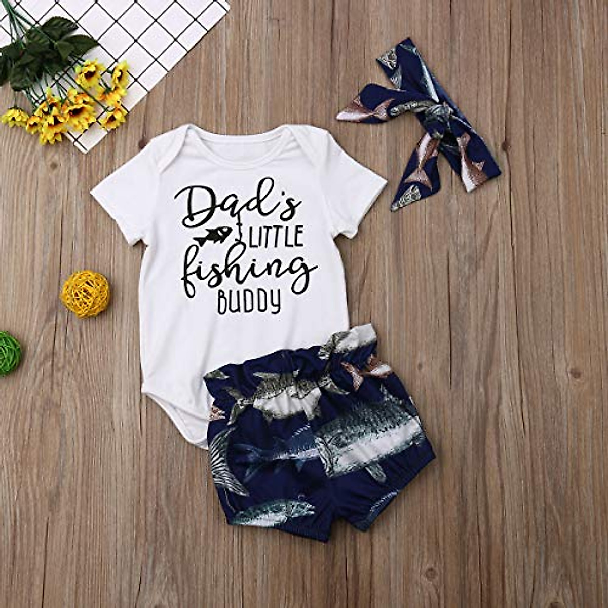 Newborn Infant Baby Girls Boys Clothes Letter Print Romper Bodysuit Cute Fishing Ruffles Shorts Pants Headband Outfits Set (White, 6-12 Months)