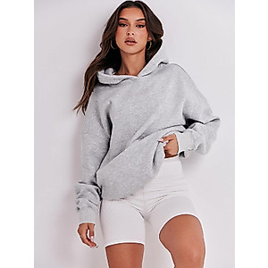 ANRABESS Women's Oversized Hoodies Long Sleeve Fleece Sweatshirts Solid Casual Hooded Pullover Loose Lightweight Fall Tops Clothes Grey A1023qianhuahui-L