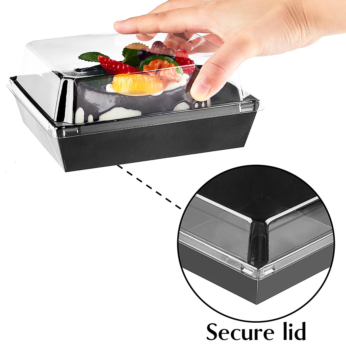 Ocmoiy Small Charcuterie Boxes with Clear Lids, To Go Paper Disposable Food Containers, 5 Inches Bakery Dessert Boxes for Sandwich, Cookie, Pastry, Cake Slice (Black, 50ct)