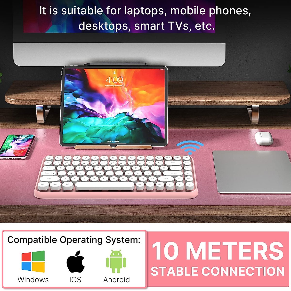 FELICON Wireless Bluetooth Keyboard, Mini Portable 84-Key Typewriter Retro Round Keycaps Keyboard,Compatible with Android, Windows, PC, Tablet-Dark, Perfer for Home and Office Keyboards(Pink)