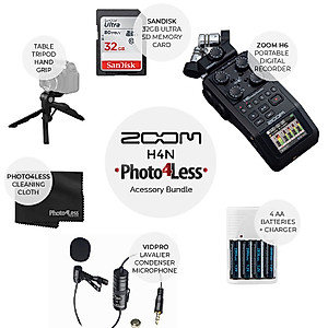 Zoom H4n Pro 4-Input / 4-Track Portable Handy Recorder with Onboard X/Y Mic Capsule (Black) + 32GB Memory Card + Professional Lavalier Condenser Microphone + 4 AA Batteries and Charger