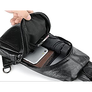 Leather Small Sling Bag,Crossbody Shoulder Bag for Men Women PU Leather Travel Cycle Hiking Daypack (Black)