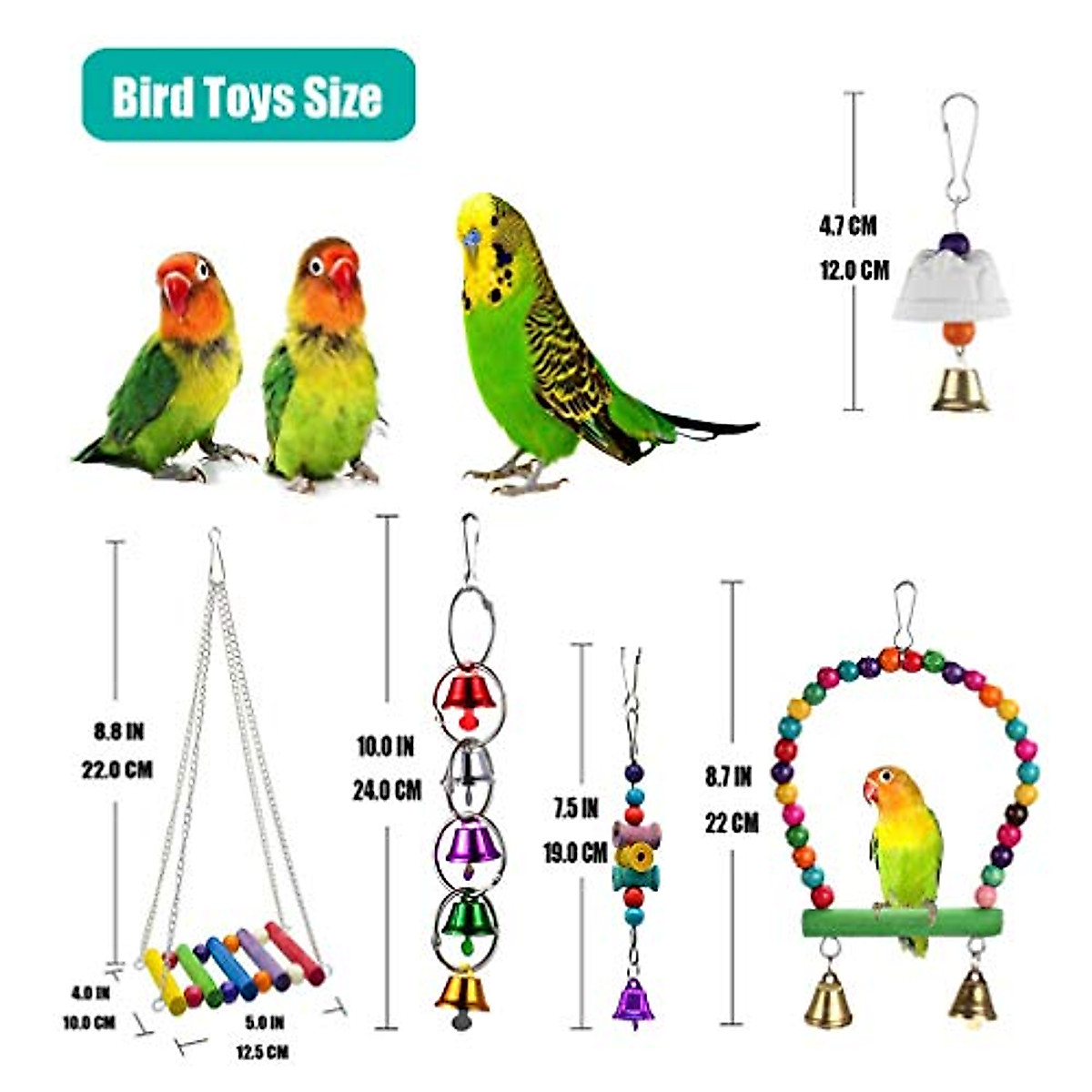 VolksRose Bird Swing Toys 10 Packs, Parrot Hammock Bell Toys Parrot Cage Toy Bird Perch with Wood Beads Hanging for Small Parakeets, Cockatiels, Conures, Budgie, Macaws, Parrots, Mynah, Love Birds