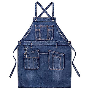Upguider Denim Apron with Pockets Adjustable Cooking Apron Jean Apron with Multi Pockets for Kitchen Cooking BBQ Gardening (Blue)