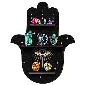 Yulejo Crystal Shelf Display Rustic Wooden Cat Moon Shelves Moth Hamsa Hand Wolf Crystal Holder Shelves Wooden Floating Shelf for Rock Gemstones Meditation Spiritual Gift for Home Bedroom (Hamsa Hand)