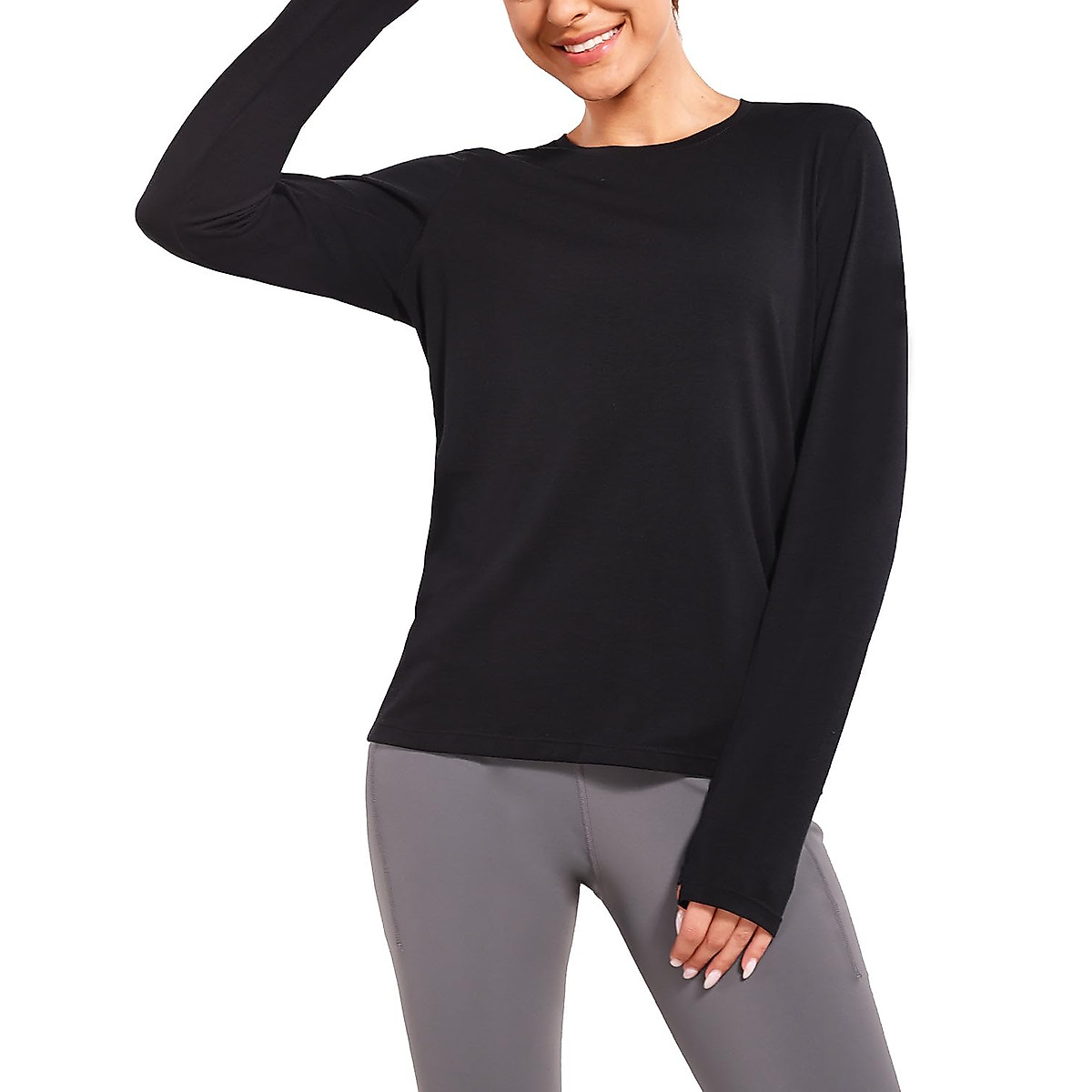 BALEAF Women's Athletic Long Sleeve Workout Shirts Loose Active Tops Running Gym Exercise T-Shirts Thumb Hole Black M