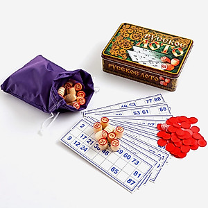 AEVVV Wood Russian Lotto in Metal Case with Russian Folk Patterns - Bingo Game Cards Set for Family