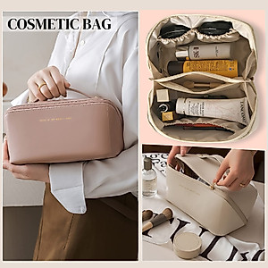 WOPLQA Large Capacity Travel Cosmetic Bag,Leather Multifunctional Storage, with Handle and Divider Travel Cosmetic Bags for Women,Opens Flat for Easy Access,Waterproof Portable Makeup Bag (pink)