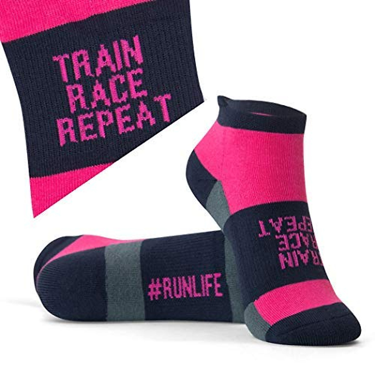 Gone For a Run Inspirational Athletic Running Socks | Women's Woven Low Cut | Inspirational Slogans | Over 25 Styles (Train Race Repeat (Pink/Navy))