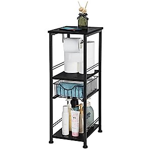 Bathroom Shelf 3 Tier Bathroom Storage Cabinet Freestanding Tower Rack with Drawer Floor Towel Storage Stand with Toilet Paper Hanger Narrow Storage Organizer Rack for Laundry Room Bedroom Black
