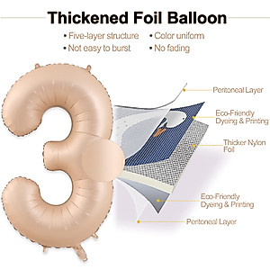 3 Balloon, Number 3 Balloon, 3 Balloon Number 40 Inch, Beige Large Big Foil Number Balloons for Birthday Party Graduation Wedding Anniversary Baby Shower Bachelorette Decoration Supplies