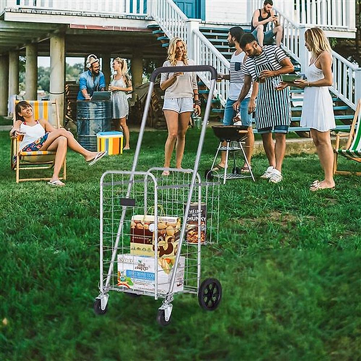 XYYSSM Iron 1100mm Telescopic Armrest 0.8mm 16# Round Tube 30kg Silver Foldable Shopping Cart, Shopping Cart with Dual Swivel Wheels for Groceries - Compact Folding Portable Cart Saves Space