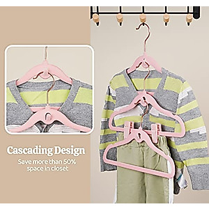 HOUÍSM Baby Hangers Pink Velvet, 60Pack Non-Slip Kids Clothes Hangers+ 10 Finger Clips + 8 Baby Closet Dividers, Space Saving Cascading Hangers for Nursery Closet Organization