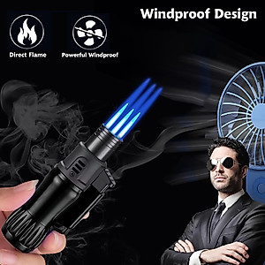Torch Lighter, 3 Pack Triple Jet Flame Butane Lighters, Adjustable Windproof Flame Lighter with Flame Fixed Lock, Durable Portable Lighters for Candle Camping Kitchen Family Use(without Butane Gas)