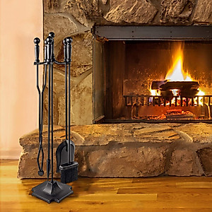 WBHome Fireplace Tools Set 5 Pieces Wrought Iron Fireset Fire Pit Poker Wood Stove Log Tongs Holder Fireplace Tool Set With Pedestal Place, 32 Inch (Black All)