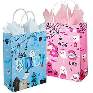 SPERPAND 16pcs Halloween Paper Gift Bags with Tissues, Small Halloween Treat Bags with Handles, Halloween Goodie Bags for Halloween Party Decorations Favors (2 Colors)