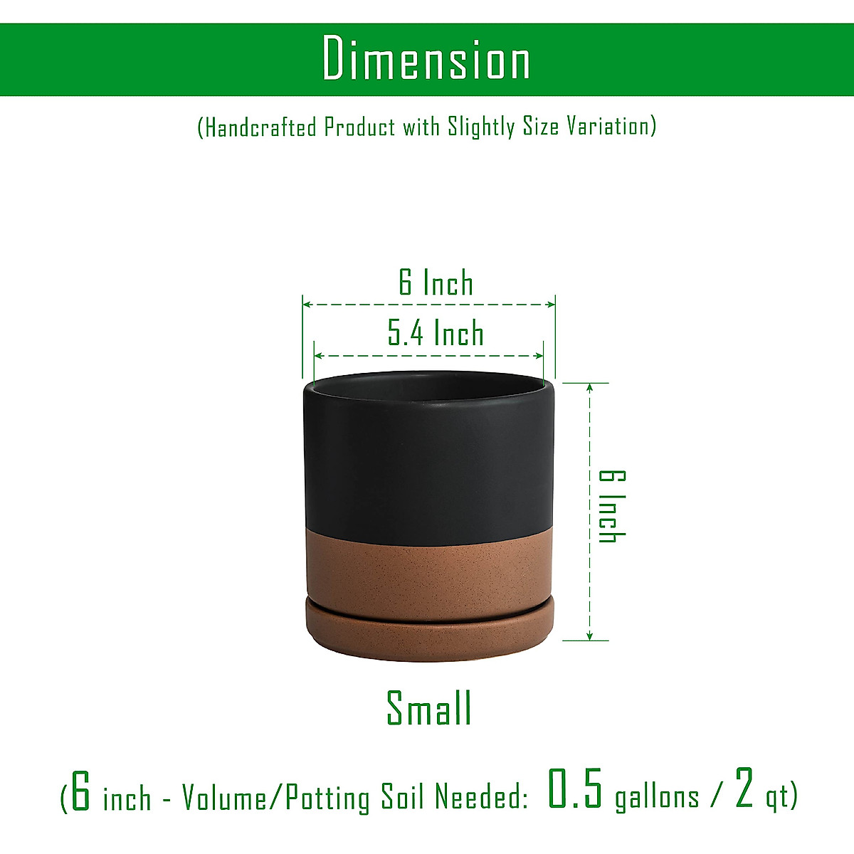 D'vine Dev 6 Inch Ceramic Planter Pot with Drainage Hole and Saucer, Indoor Cylinder Round Planter Pot, Black/Speckled Tan, 94-O-S-7