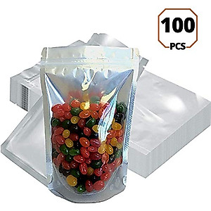 Stand Up Pouch Bags, 6" x 9", Heavy Duty, 100 Pack, Clear Front with Aluminum Foil Back - Resealable Ziplock and Heat Sealable for Food Storage