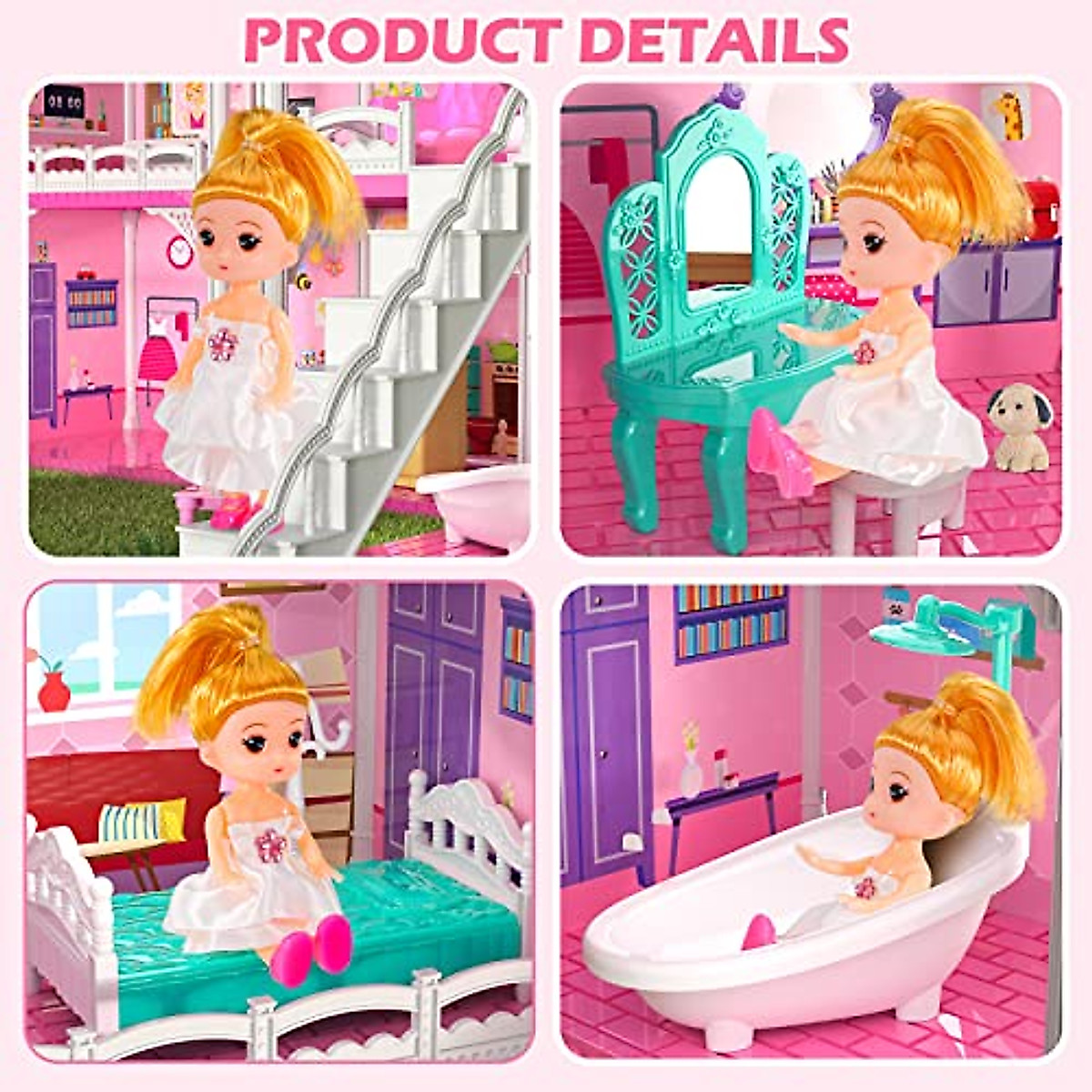 Doll House, Dream House Furniture Pink Girl Toys, 4 Stories 10 Rooms Dollhouse with 2 Princesses Slide Accessories, Toddler Playhouse Gift for for 3 4 5 6 7 8 9 10 Year Old Girls Toys