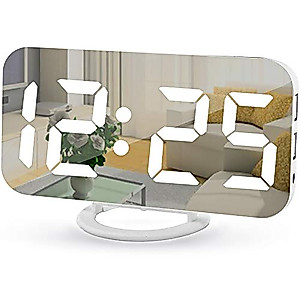 Digital Alarm Clock,7" LED Mirror Electronic Clocks,with 2 USB Charging Ports,Snooze Mode,Auto Adjust Brightness,Modern Desk Wall Clocks for Bedrooms Living Room Office - White