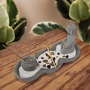 Japanese Mini Zen Garden Decor, Incense Holder with Buddha Statue for Relaxation and Meditation, Gift Set Perfect for Home and Office Decor