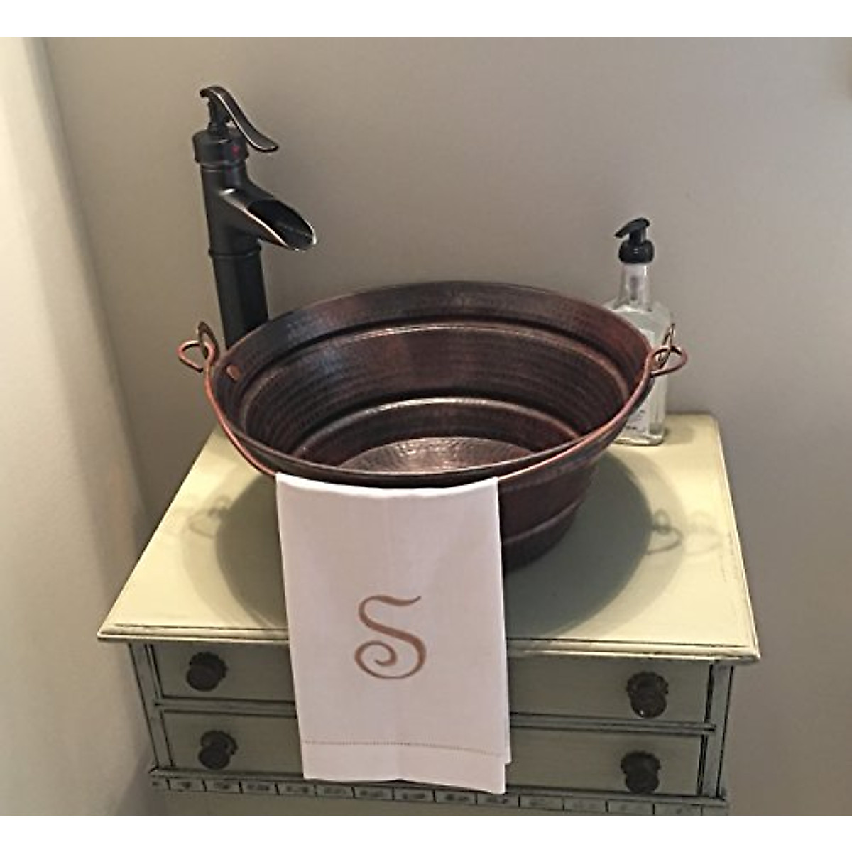 SimplyCopper 15" Round Copper Vessel BUCKET Sink with 13" ORB Faucet and Lift & Turn Drain