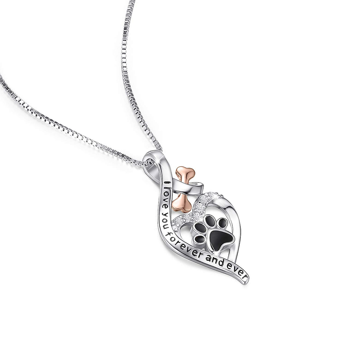VANLAMS Womens 925 Sterling Silver Bone Love Heart Dog Paw Print Pendant Necklace I Love You Forever and Ever, Gifts for Dog Owner (Silver & Rose Gold)