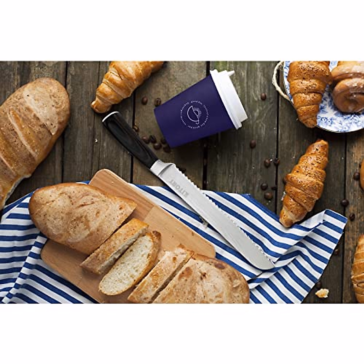 Kitory Bread Knife Serrated Knife 8‘’ Ultra Sharp Slicing Knife with Sheath German High Carbon Steel Wavy Edge Cake Slicer Bakery Slicing Cutter Ergonomic Ideal for All Types of Bread