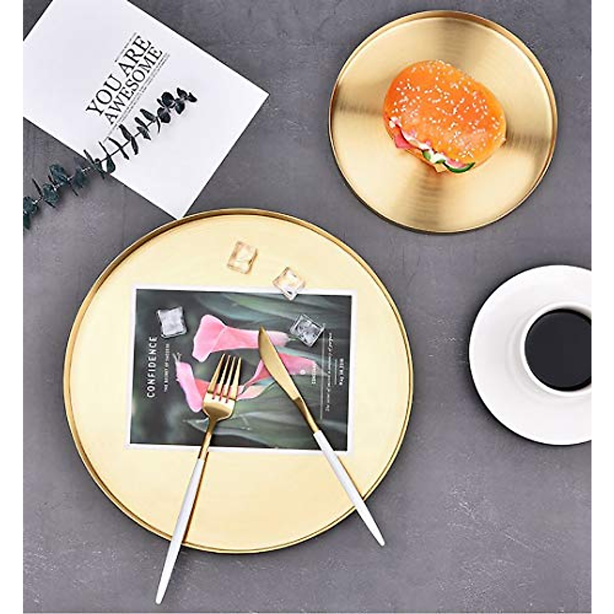 Polbecky Makeup Tray Gold,Large Metal Jewelry Decorative Tray Organizer Round for Vanity,Serving Tray for Drink,Breakfast,Tea,Dinner,11.81''(D) x1.1''(H) (Large)