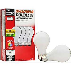 SYLVANIA Double Life Halogen Light Bulb, A19, 75W Equivalent, Efficient 53W, 800 Lumens, Soft White - 4 Pack (50045)