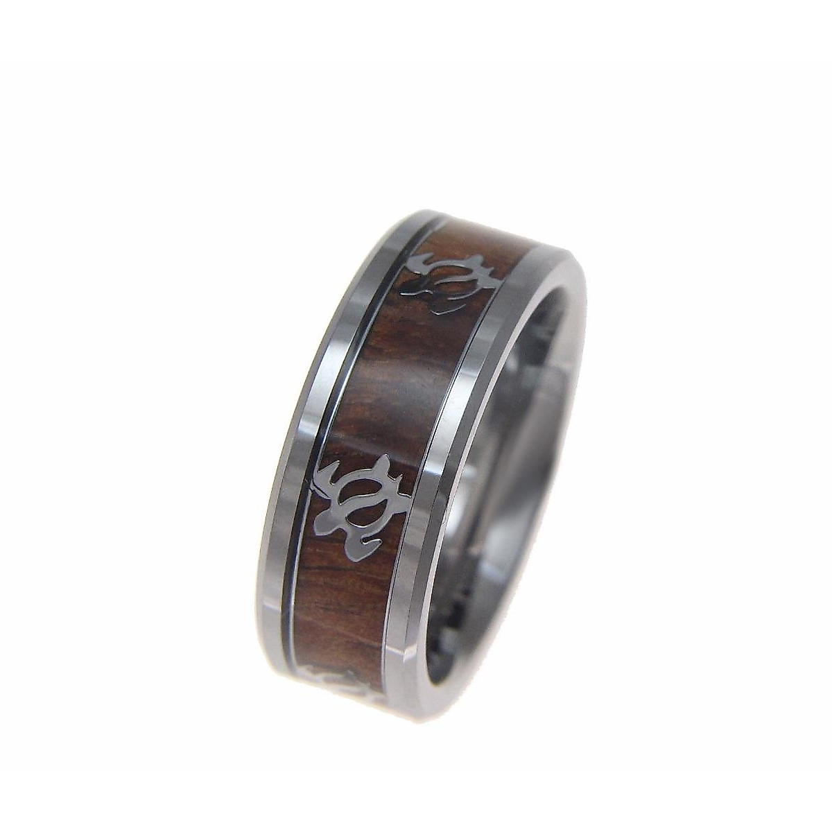 Arthur's Jewelry Genuine inlay Hawaiian koa wood band ring honu turtle tungsten comfort fit 8mm size 8