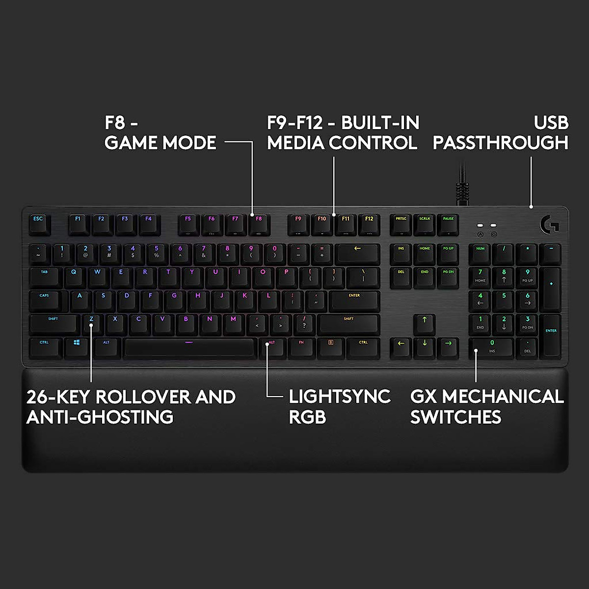 Logitech G513 Carbon LIGHTSYNC RGB Mechanical Gaming Keyboard with GX Brown Switches, Memory Foam, USB Pass-Through Port, Aircraft-Grade 5052 Aluminum Top Case - Tactile (Renewed)