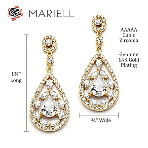 Mariell Gold Dangle Earrings for Brides with Cubic Zirconia Crystals, Art Deco Mosaic Design, Earrings for Wedding, Prom, Mother of the Bride