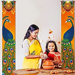 Diwali Porch Banner Deepavali Festival of Lights Peacock Indian Holiday Party Front Door Wall Hanging Banner Decoration