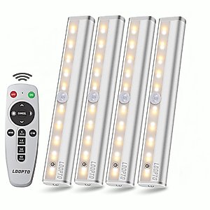 LDOPTO Under Cabinet Lights Wireless Battery Operated LED Closet Lights Without Wiring Counter Stick on Lights with Remote Timer Dimmable for Kitchen Shelf Hallway Stairs, Multiple Colors 4 Pack